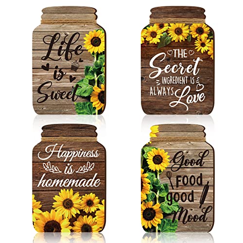 4 Pcs Kitchen Wall Decor Mason Jar Set Wooden Rustic Home Decor Inspirational Kitchen Decor Hanging Farmhouse Kitchen Signs Wall Decor for Home Decor (Sunflower)