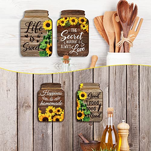 4 Pcs Kitchen Wall Decor Mason Jar Set Wooden Rustic Home Decor Inspirational Kitchen Decor Hanging Farmhouse Kitchen Signs Wall Decor for Home Decor (Sunflower)