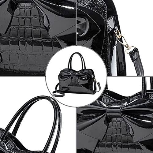 XingChen Shiny Women Handbag Patent Leather Bowknot Purse Charm Glossy Top-Handle Satchel Tote Fashion Shoulder Bag(Black)