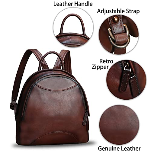 Genuine Leather Backpack Purse for Women Retro Handmade Small Casual Rucksack Satchel Back Bag (Coffee)