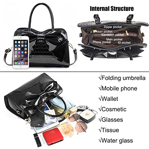 XingChen Shiny Women Handbag Patent Leather Bowknot Purse Charm Glossy Top-Handle Satchel Tote Fashion Shoulder Bag(Black)