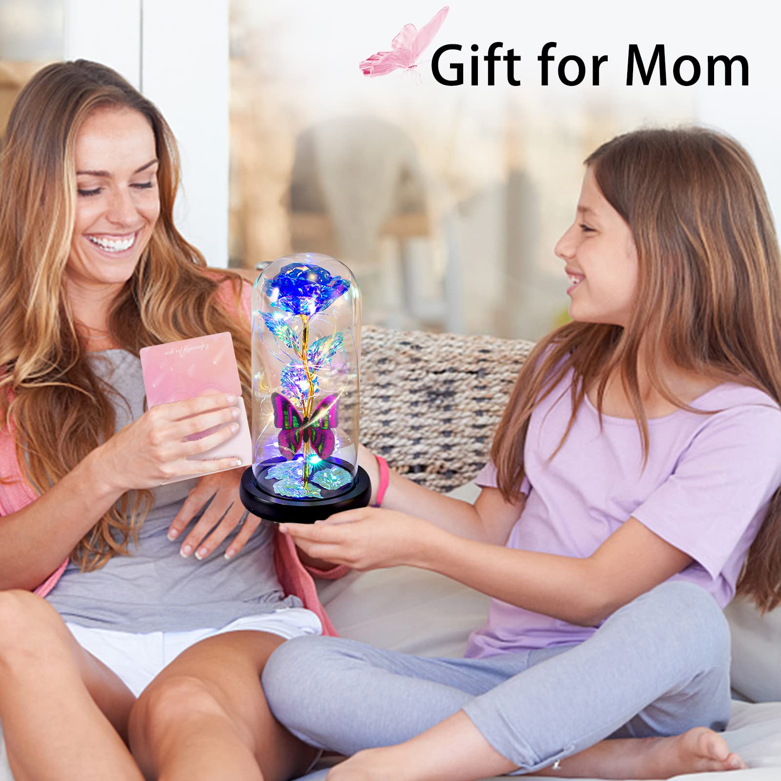 Glass Rose, for Mom, Valentines Day Gifts for Her with Greeting Card, Galaxy Purple Butterfly Eternal Rose in A Glass Dome