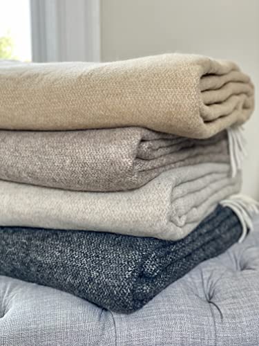 Eikei Wool Throw Blanket Double Sided Oversized Couch Throw Blanket Fringe Trim Soft Merino Woolen Afghan Minimalist Style Lightweight Machine Washable Solid Reversible (Camel, 55Wx78L)