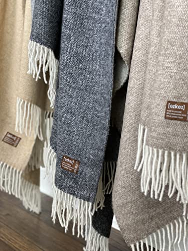 Eikei Wool Throw Blanket Double Sided Oversized Couch Throw Blanket Fringe Trim Soft Merino Woolen Afghan Minimalist Style Lightweight Machine Washable Solid Reversible (Camel, 55Wx78L)