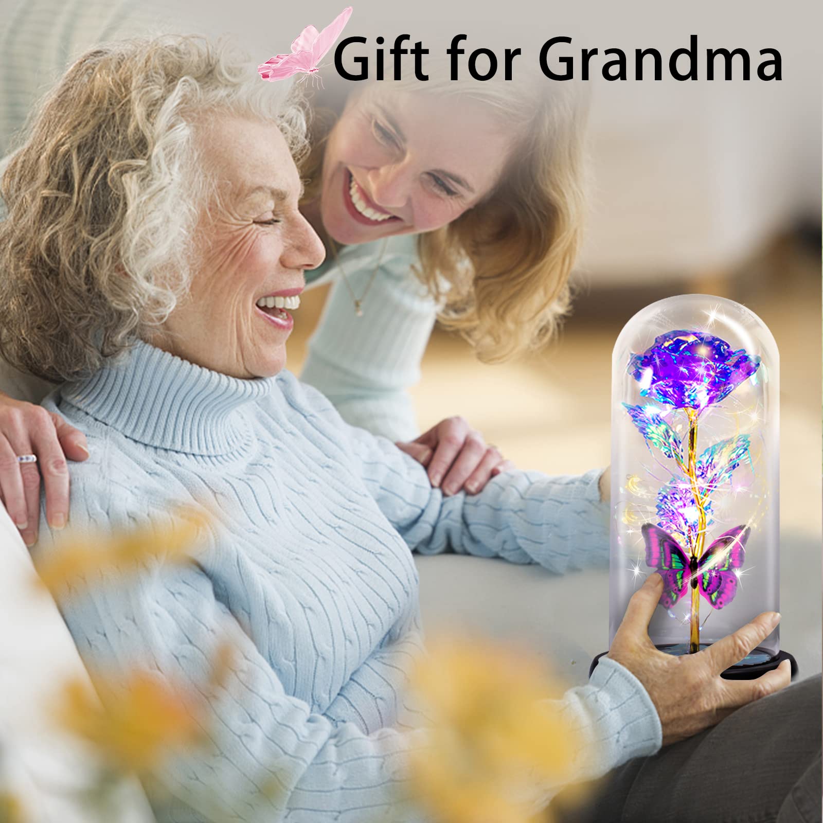 Glass Rose, for Mom, Valentines Day Gifts for Her with Greeting Card, Galaxy Purple Butterfly Eternal Rose in A Glass Dome