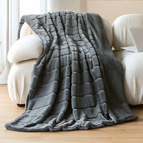Faux Fur Throw Blanket 60x80 Inches, Fuzzy Fluffy Super Soft Striped Rabbit Fur Luxury Throw Blanket, Reversible Soft Plush Cozy Furry Blanket, Comfy Shag Thick Blankets, Durable & Washable, Grey