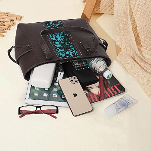 Totes for Women Leather Hides Concealed Carry Purses Large Shoulder Handbag Turquoise and Coffee TR132G-8317CF-TQ