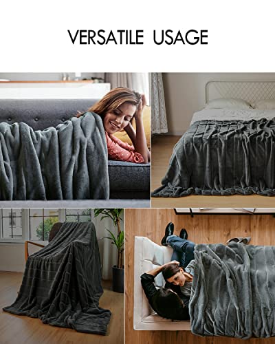 Faux Fur Throw Blanket 60x80 Inches, Fuzzy Fluffy Super Soft Striped Rabbit Fur Luxury Throw Blanket, Reversible Soft Plush Cozy Furry Blanket, Comfy Shag Thick Blankets, Durable & Washable, Grey