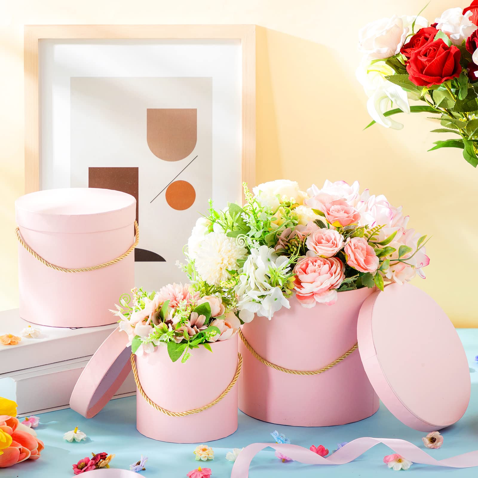 Skylety 6 Pcs Round Flower Boxes with Lids Valentine‘s Day Gift Boxes with Handle for Flowers Arrangement Assorted Sizes Nesting Gift Box for Bridesmaid, Wedding, Birthday, Baby Showers(Pink)