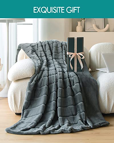 Faux Fur Throw Blanket 60x80 Inches, Fuzzy Fluffy Super Soft Striped Rabbit Fur Luxury Throw Blanket, Reversible Soft Plush Cozy Furry Blanket, Comfy Shag Thick Blankets, Durable & Washable, Grey