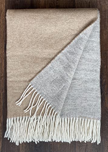 Eikei Wool Throw Blanket Double Sided Oversized Couch Throw Blanket Fringe Trim Soft Merino Woolen Afghan Minimalist Style Lightweight Machine Washable Solid Reversible (Camel, 55Wx78L)