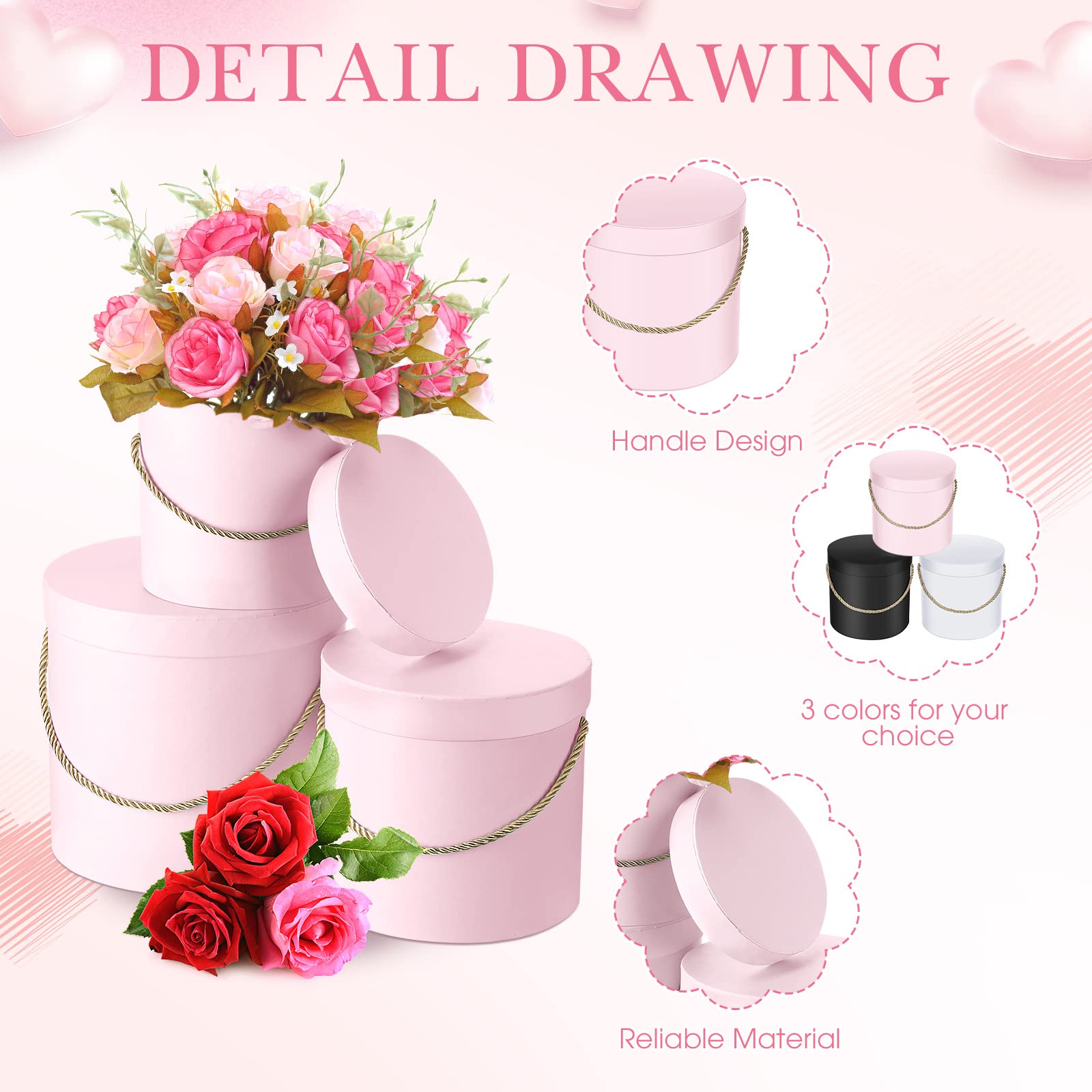 Skylety 6 Pcs Round Flower Boxes with Lids Valentine‘s Day Gift Boxes with Handle for Flowers Arrangement Assorted Sizes Nesting Gift Box for Bridesmaid, Wedding, Birthday, Baby Showers(Pink)