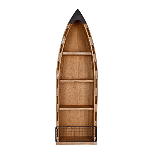 Veclotch Wooden Boat Decor with Shelf Hanging Wood Decoration for Wall, Rustic Nautical Standing Beach Theme Book Display Canoe Bathroom Bedroom Lake House