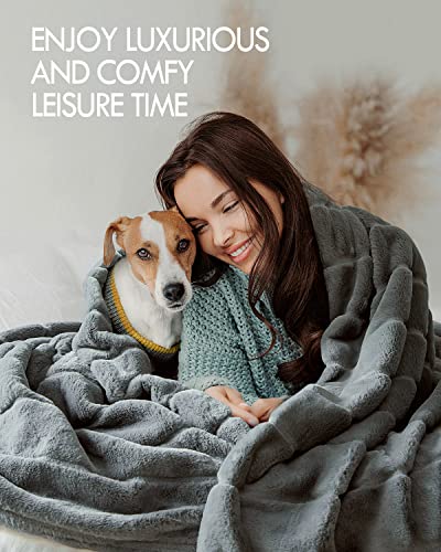 Faux Fur Throw Blanket 60x80 Inches, Fuzzy Fluffy Super Soft Striped Rabbit Fur Luxury Throw Blanket, Reversible Soft Plush Cozy Furry Blanket, Comfy Shag Thick Blankets, Durable & Washable, Grey