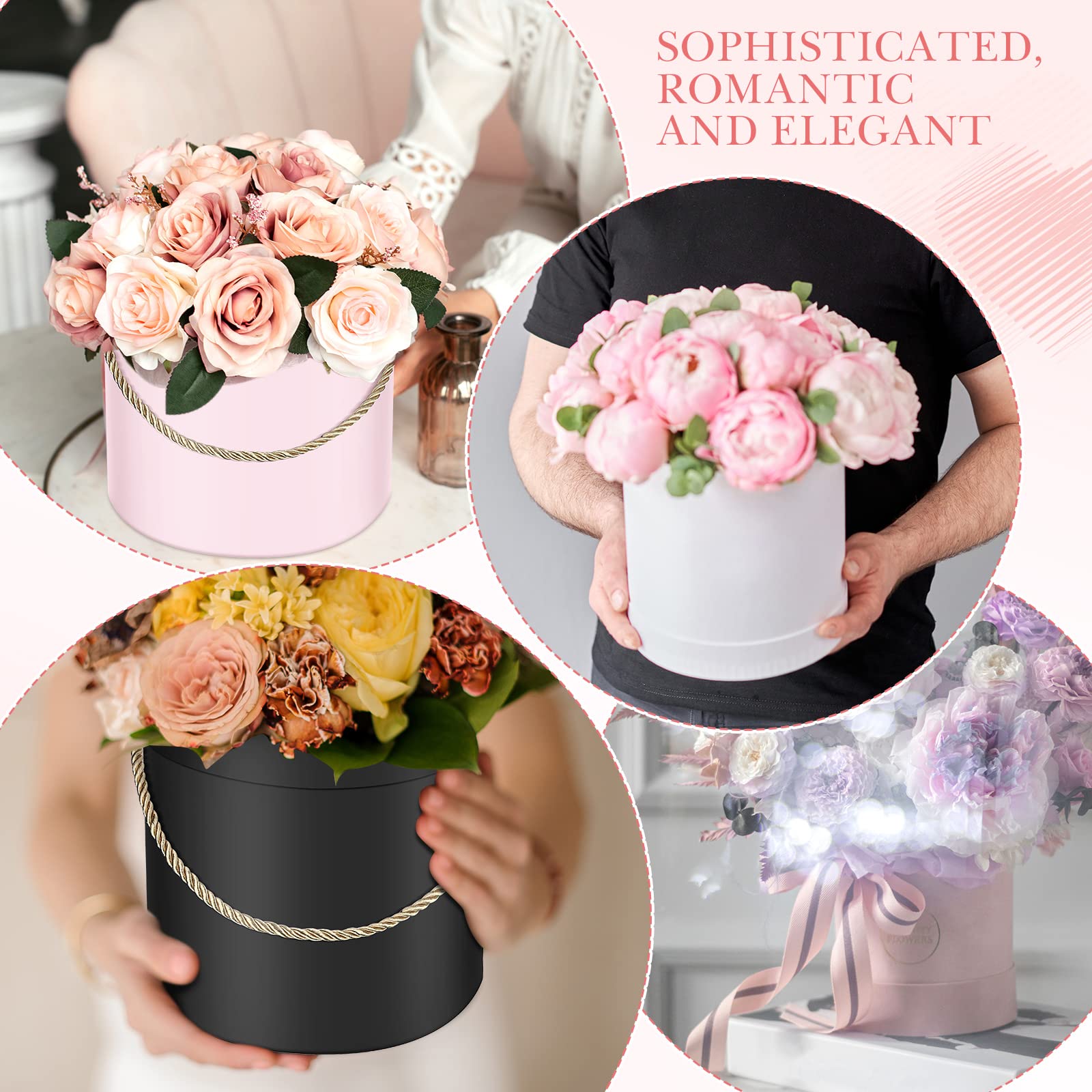 Skylety 6 Pcs Round Flower Boxes with Lids Valentine‘s Day Gift Boxes with Handle for Flowers Arrangement Assorted Sizes Nesting Gift Box for Bridesmaid, Wedding, Birthday, Baby Showers(Pink)