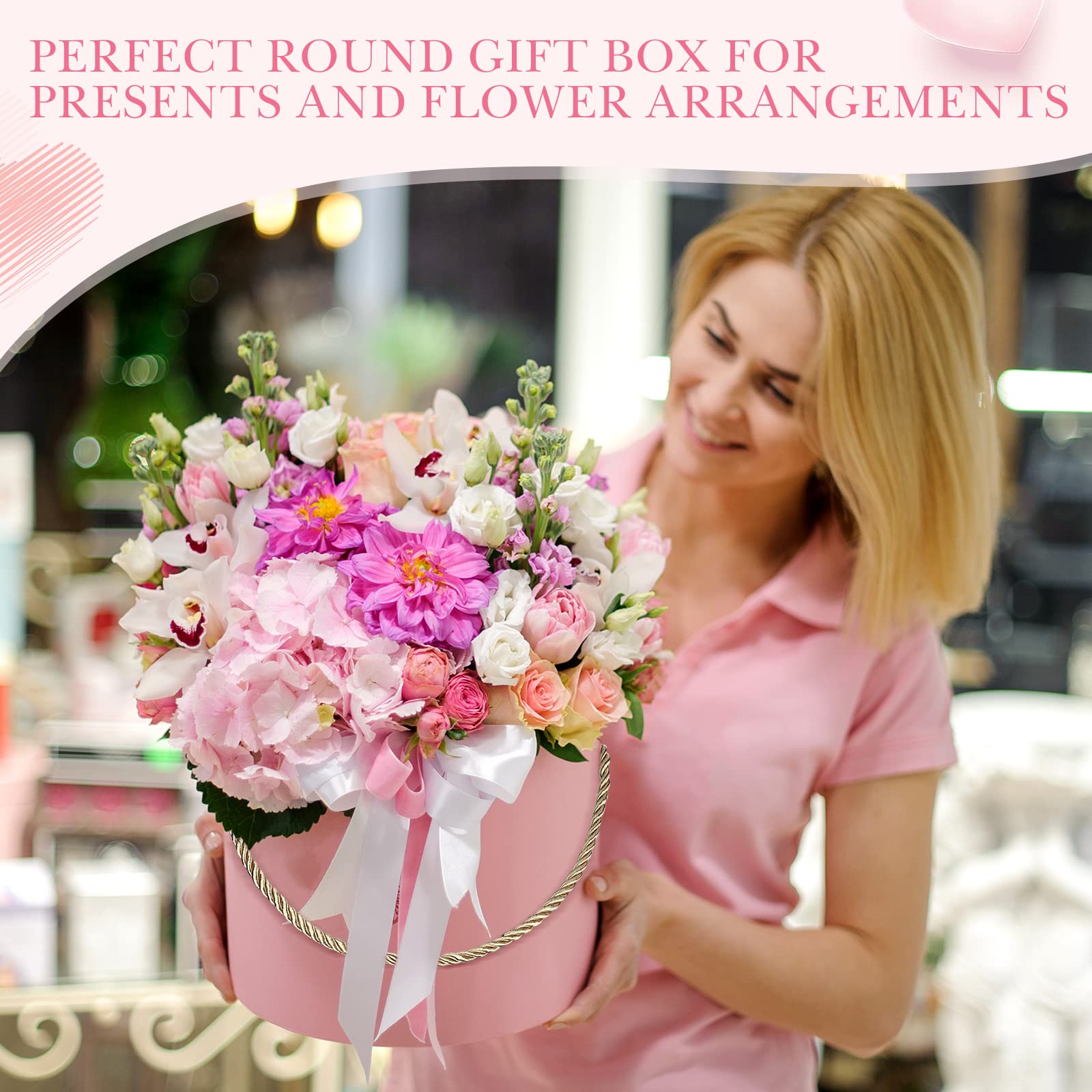 Skylety 6 Pcs Round Flower Boxes with Lids Valentine‘s Day Gift Boxes with Handle for Flowers Arrangement Assorted Sizes Nesting Gift Box for Bridesmaid, Wedding, Birthday, Baby Showers(Pink)