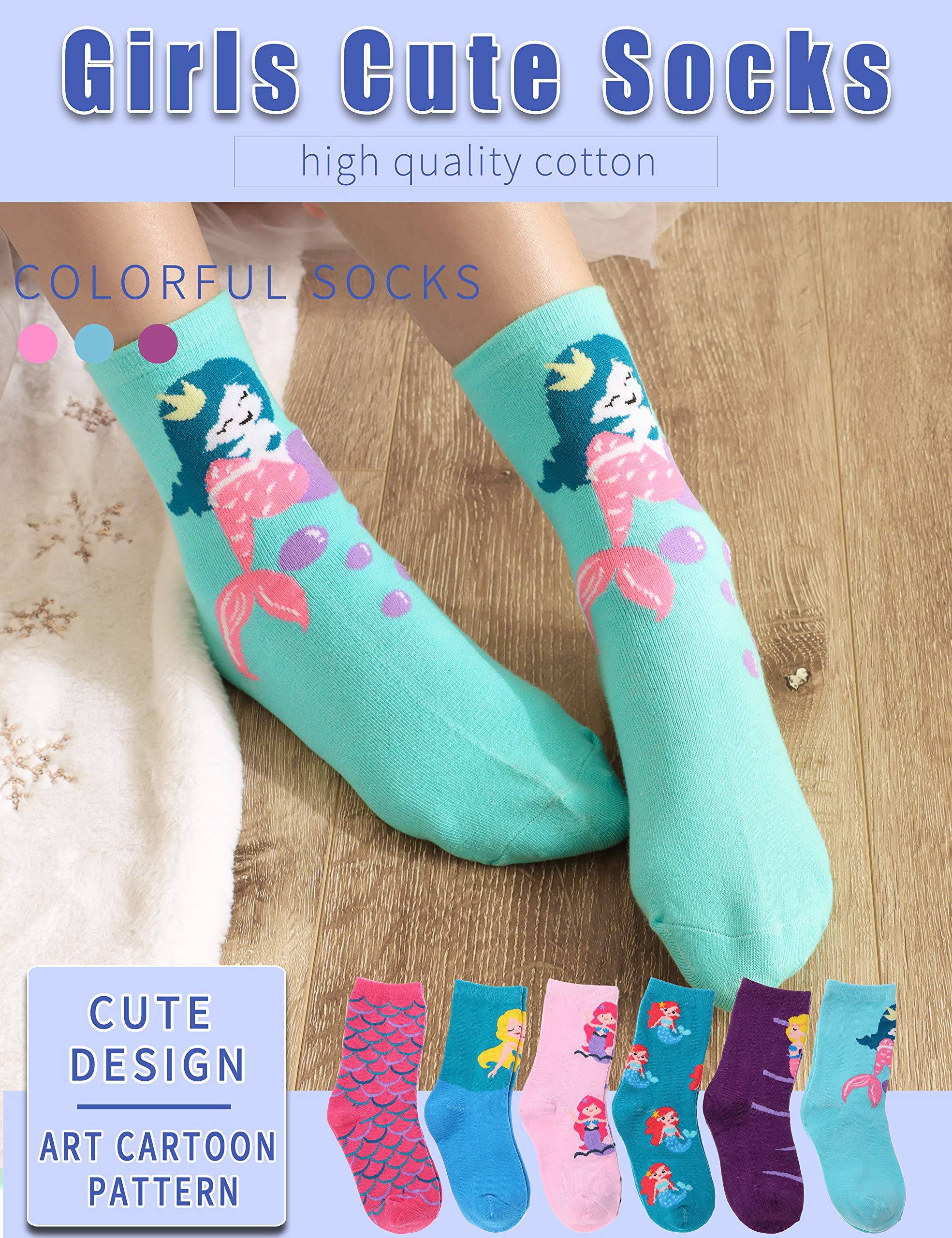 Anlisim Girls Fashion Cotton Crew Cute Mermaid Shorty Socks 6 Pack (Mermaid, 5-8 Years Old)