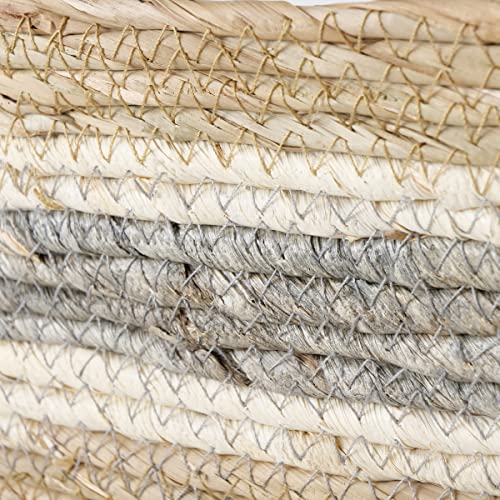 Coastal Grey Stripes 3 Piece Basket Set, Rectangular, Shelf Organizers, Corn Husk Wicker, Durable Chunky Rope Weave, 15.75, 18.5, and 19.25 Inches