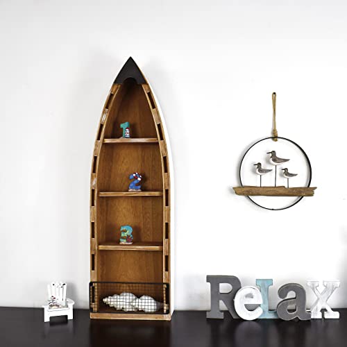 Veclotch Wooden Boat Decor with Shelf Hanging Wood Decoration for Wall, Rustic Nautical Standing Beach Theme Book Display Canoe Bathroom Bedroom Lake House