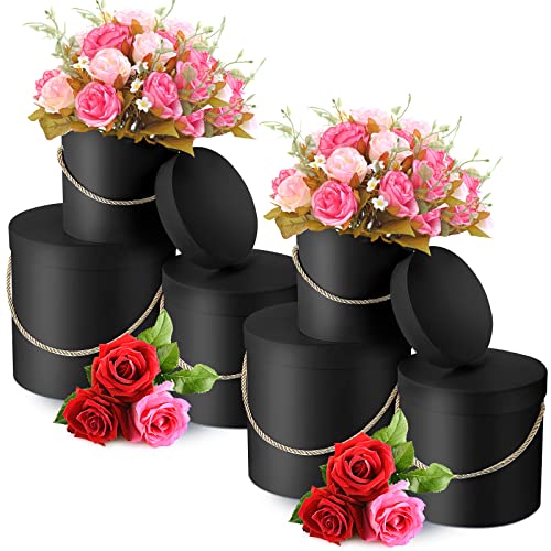 Skylety 6 Pcs Round Flower Boxes with Lids Nesting Gift Boxes with Handle for Flowers Arrangement Assorted Sizes for Mother's Day, Bridesmaid, Wedding, Birthday, Baby Shower(Black)