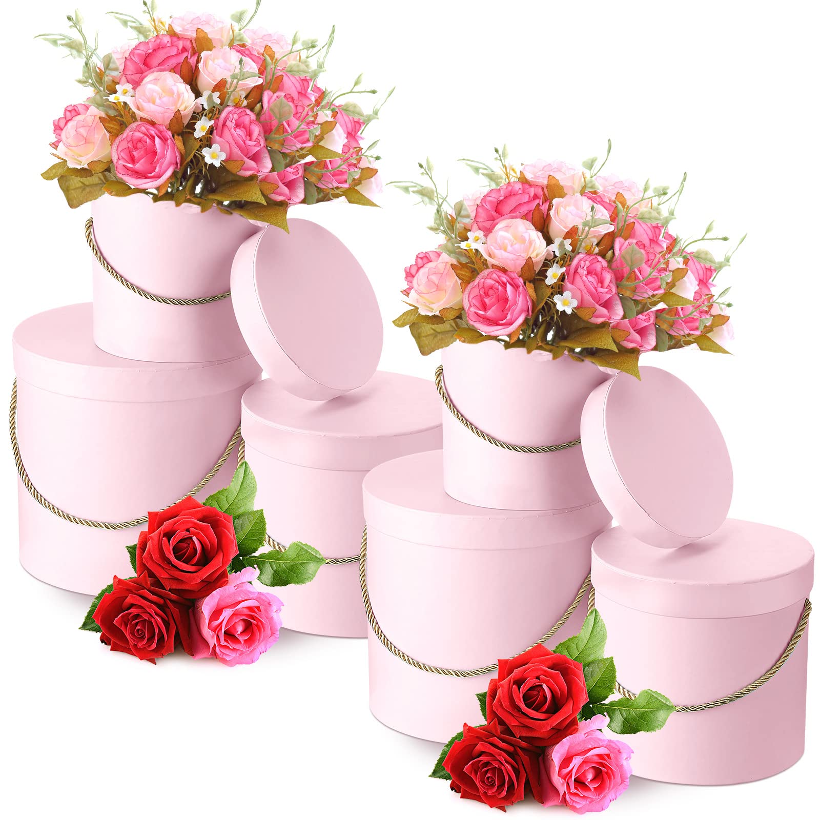 Skylety 6 Pcs Round Flower Boxes with Lids Valentine‘s Day Gift Boxes with Handle for Flowers Arrangement Assorted Sizes Nesting Gift Box for Bridesmaid, Wedding, Birthday, Baby Showers(Pink)