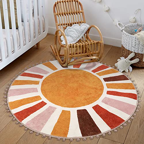 LIVEBOX Retro Sun Round Rug 4 ft,Colorful Boho Rug for Bedroom,Living Room, Cute Circle Area Rug Washable Nursery Rugs for Kid’s Room, Non-Slip Circular Indoor Floor Mat for Entryway