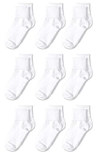 Amazon Essentials Girls' Comfortable Cotton Uniform Turn Cuff Sock, for Kids, 9 Pairs, White, Medium