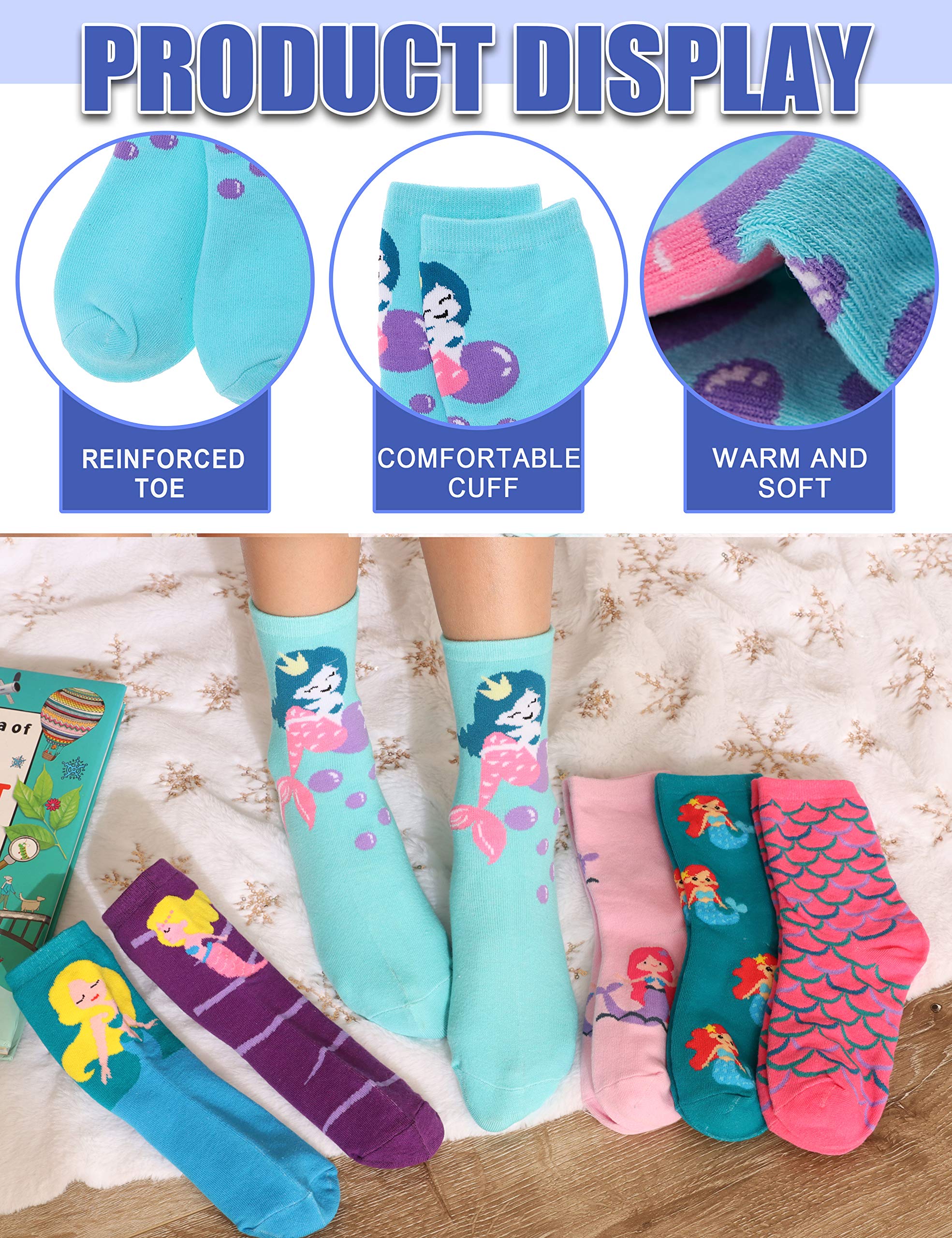 Anlisim Girls Fashion Cotton Crew Cute Mermaid Shorty Socks 6 Pack (Mermaid, 5-8 Years Old)