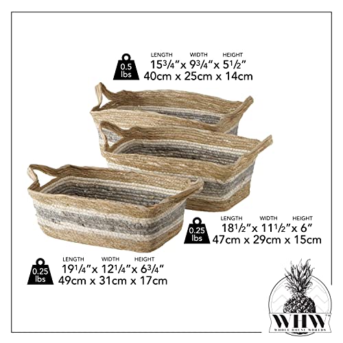 Coastal Grey Stripes 3 Piece Basket Set, Rectangular, Shelf Organizers, Corn Husk Wicker, Durable Chunky Rope Weave, 15.75, 18.5, and 19.25 Inches