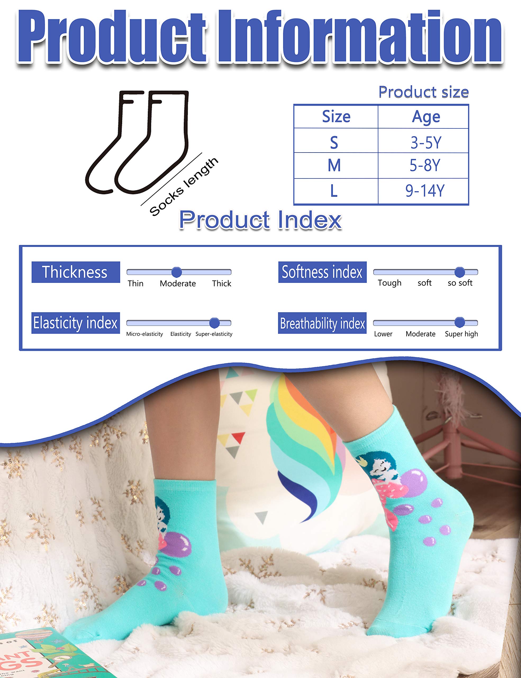 Anlisim Girls Fashion Cotton Crew Cute Mermaid Shorty Socks 6 Pack (Mermaid, 5-8 Years Old)