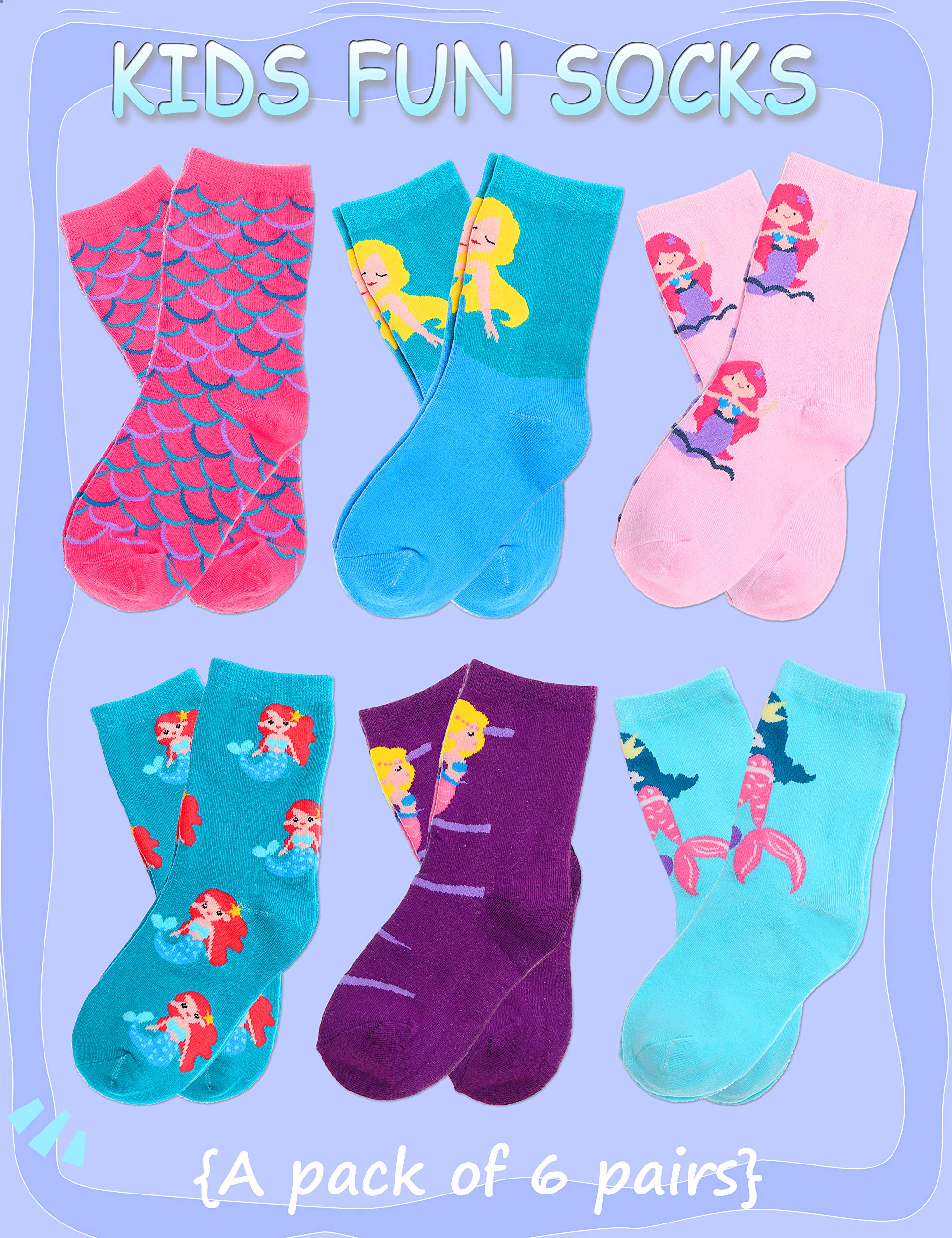 Anlisim Girls Fashion Cotton Crew Cute Mermaid Shorty Socks 6 Pack (Mermaid, 5-8 Years Old)