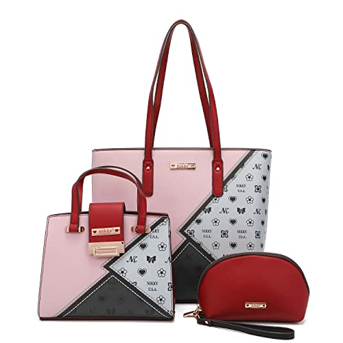 DESTINY BY NICOLE LEE 3 Pieces Set Bag Monogram Fashion Handbag Eco Leather Large Tote Mini Messenger Bag Wristlet Pouch for Women Girls NK12317 PGY