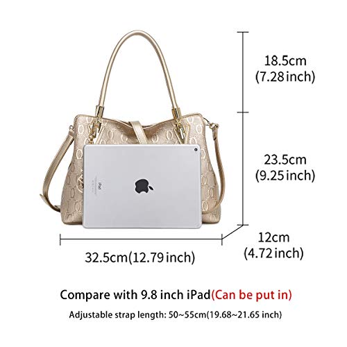 Leather Handbags for Women, Split Cowhide Lock Chain Pattern Ladies Top-handle Bag with Adjustable Shoulder Strap Women's Pocketbooks Tote Bag Womens Leather Crossbody Purses and Handbags (Gold)