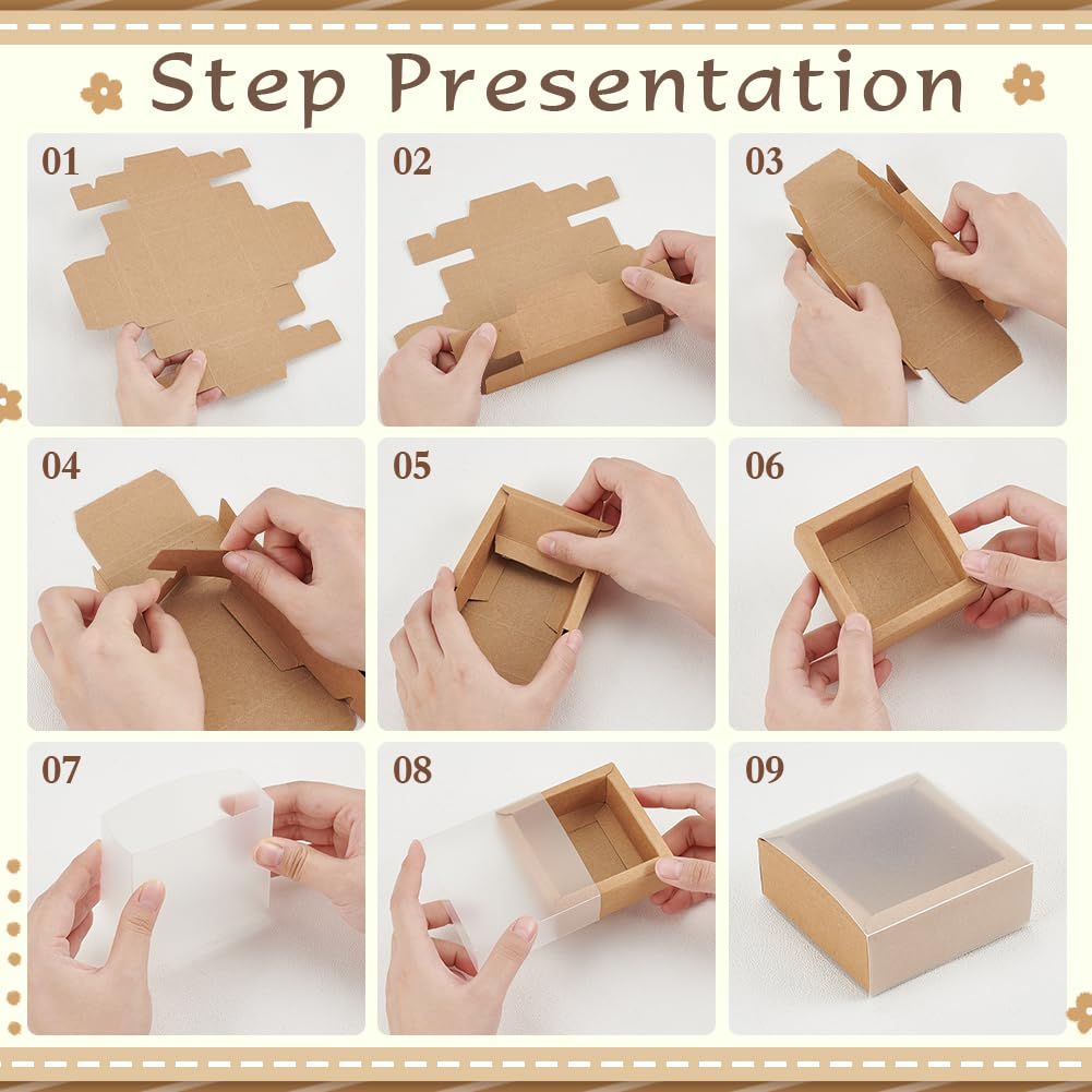 BENECREAT 12 Packs Small Square Brown Kraft Boxes Heavy Duty Paper Gift Box with Clear PVC Windows 3.3x3.3x1.2 for Party Favor Treats, Bakery, and Jewelry Packaging