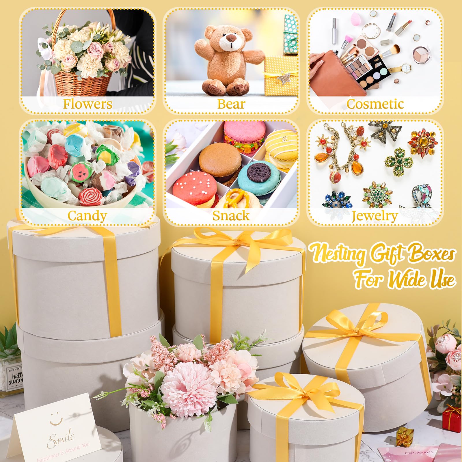 Tenceur 8 Pcs Round Gift Boxes with Lids for Presents Velvet Nesting Gifts Box Arrangements Flowers Boxes 4 Assorted Sizes with 1 Roll Ribbon for Valentine‘s Day Wedding Birthday Party(White)
