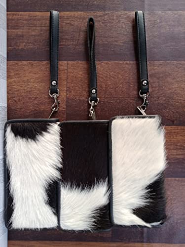 Womens Zipper Wristlet Cowhide Clutch - Black White Cow Hide Cow Skin Leather Hand Clutch Zip Phone Wallet Clutch Card Case 8' X 4' - Gift for her