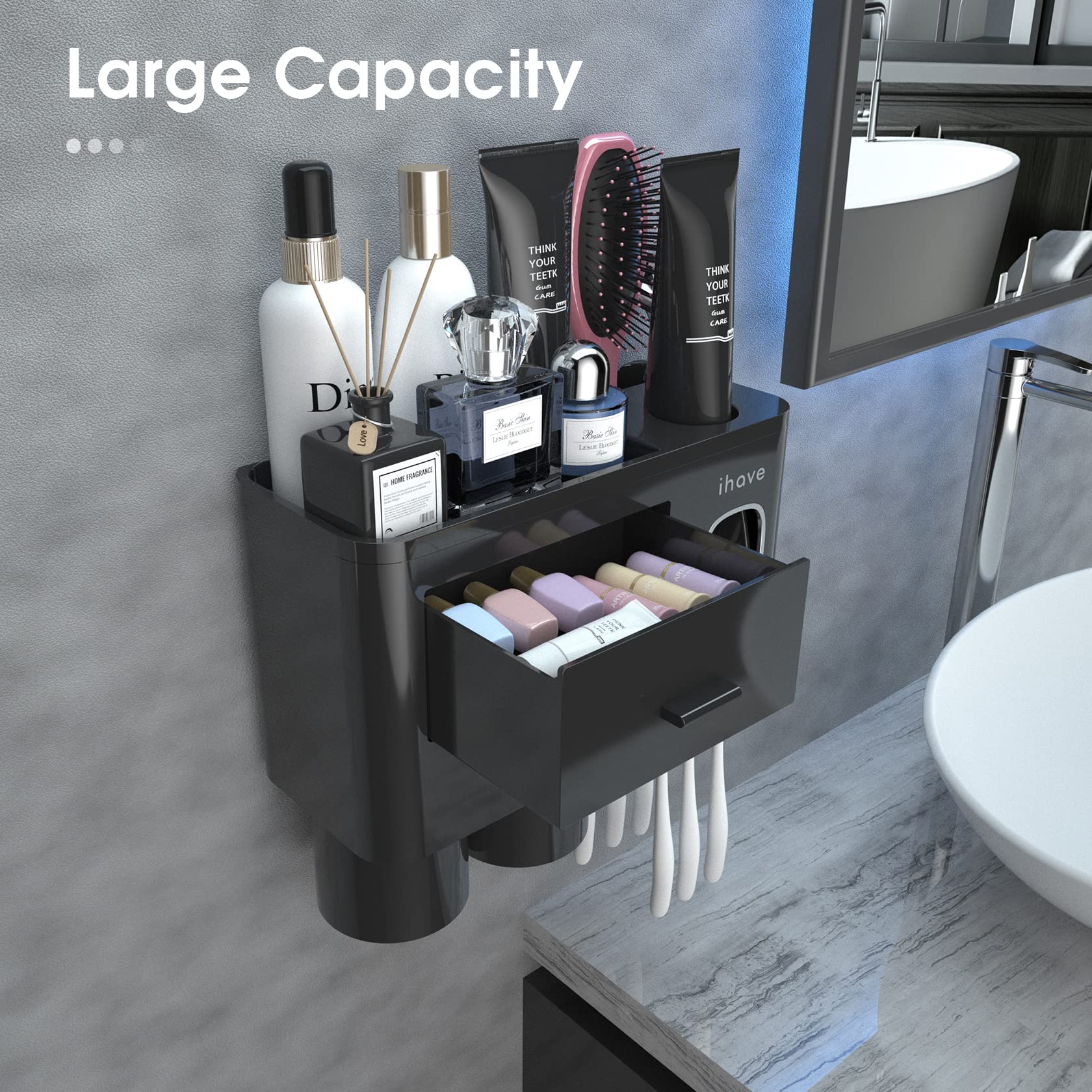 iHave Toothbrush Holder for Bathroom Storage, 2 Cups Toothbrush Holder Wall Mounted with Toothpaste Dispenser Bathroom Set, Large Capacity Tooth Brushing Holder Bathroom Organization and Storage