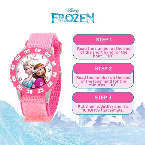 Disney Frozen Analog Watch, Time Teacher for Kids and Toddlers, Pink Bezel & Nylon Strap Watch