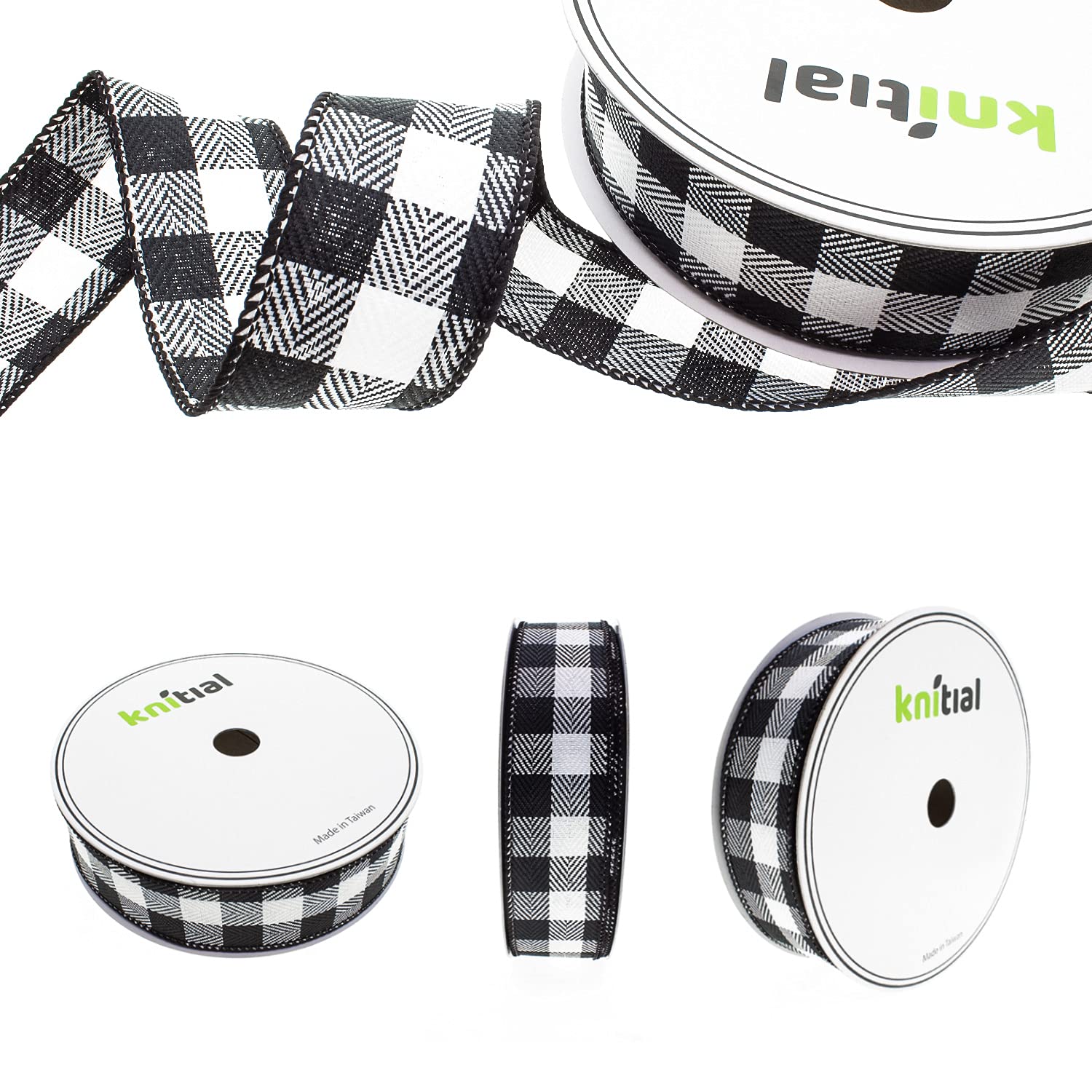 Knitial Wired Buffalo Plaid Ribbon 1-1/2 Inches x 25 Yards Black and White Buffalo Check Ribbon for Gift Wrapping, Crafts, and Decorations