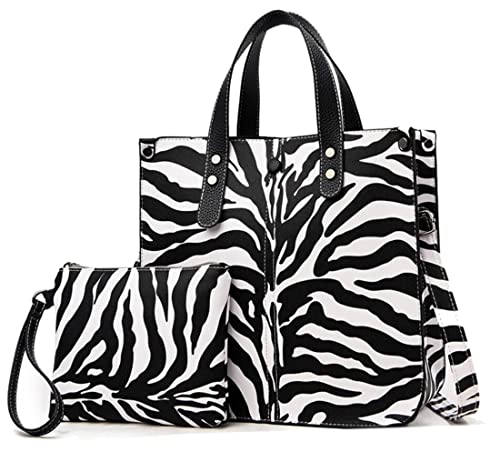 Shoulder Bag for Women Zebra Print Cows Deer Pattern PU Tote Purse Satchel Handbag Matching Clutch (Zebra print),Black and White