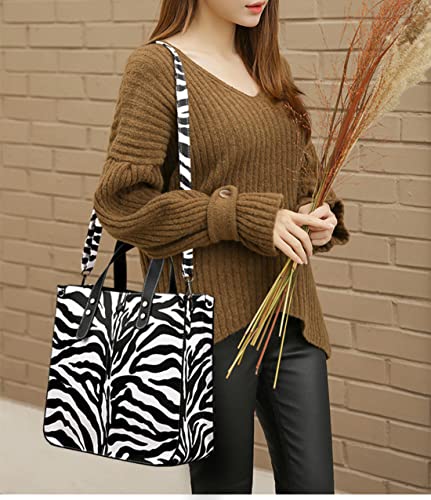 Shoulder Bag for Women Zebra Print Cows Deer Pattern PU Tote Purse Satchel Handbag Matching Clutch (Zebra print),Black and White