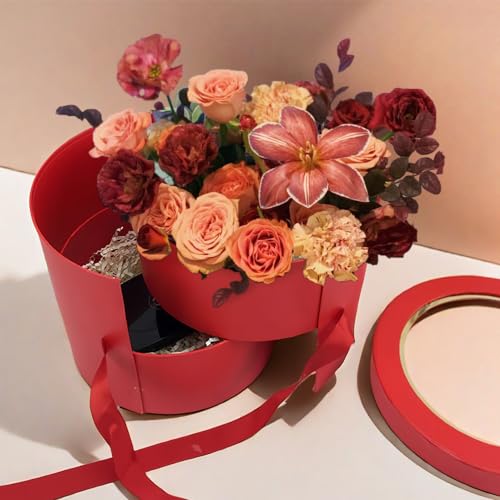 BBJ WRAPS Flower Box with Lid for Arrangements, Double Layers Rotating Drawer Luxury Round Flower Bouquet Gift Boxes Packaging, 1 Set, 7.5"(D) x 6.5"(H) (Pink)