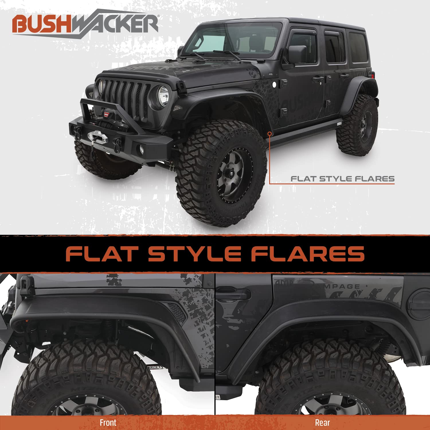 Bushwacker Jeep Flat Style Front Fender Flares | 2-Piece Set, Black, Textured Finish | 10053-07 | Fits 2007-2018 Jeep Wrangler JK