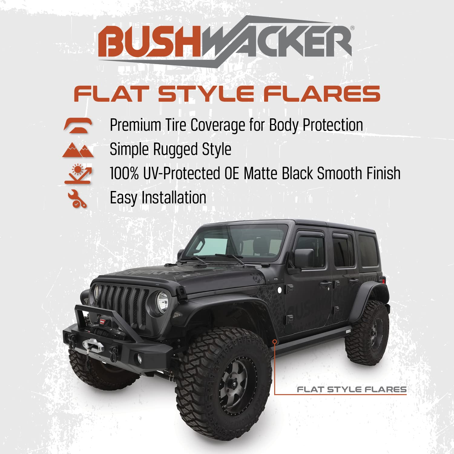 Bushwacker Jeep Flat Style Front Fender Flares | 2-Piece Set, Black, Textured Finish | 10053-07 | Fits 2007-2018 Jeep Wrangler JK
