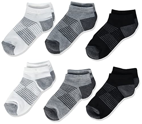 Amazon Essentials Unisex Kids' Cushioned Athletic Low Cut Socks, 6 Pairs, Black/White/Grey, Medium