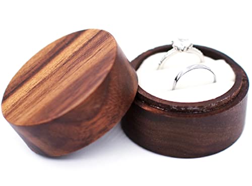 COSISO Small Round Wooden Ring Box with Transparent Lid for Wedding Ceremony Proposal Engagement,Mini Ring Holder Jewelry Storage Box for 2 Rings (Beige Inner)
