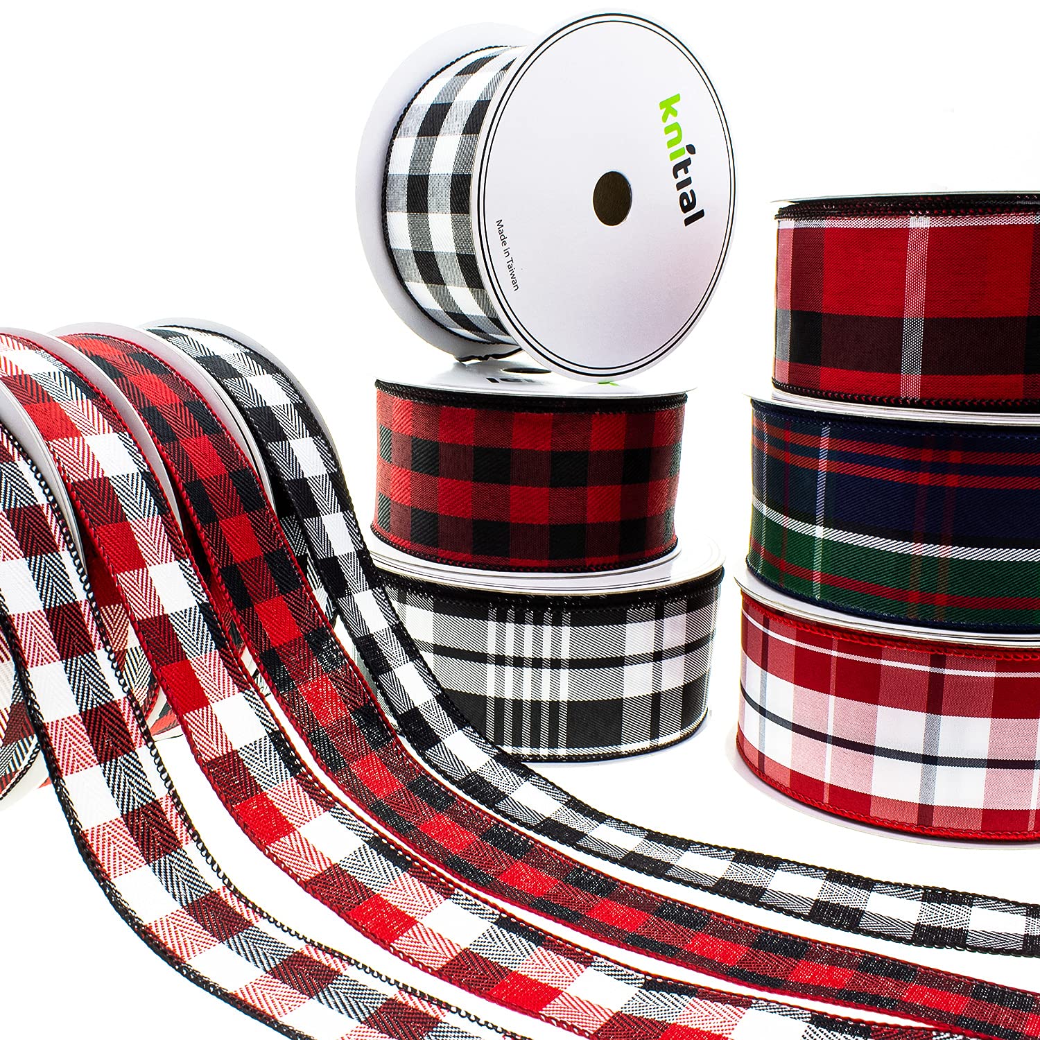 Knitial Wired Buffalo Plaid Ribbon 1-1/2 Inches x 25 Yards Black and White Buffalo Check Ribbon for Gift Wrapping, Crafts, and Decorations