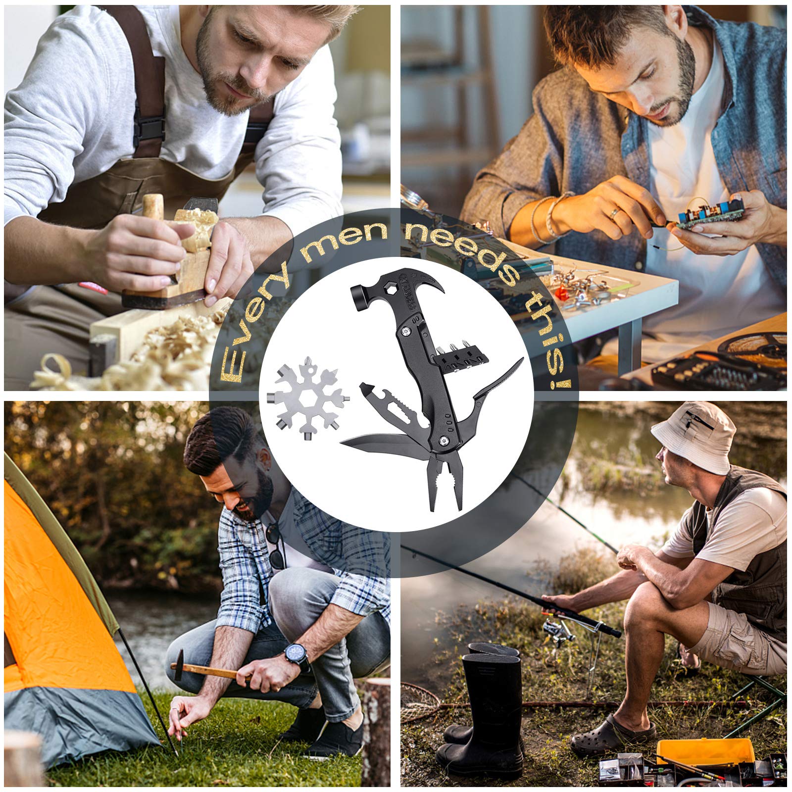 GRESOU Camping Hammer Multitool for Men Dad Husband, 14 In 1 Mini Hammer Multitool Camping Accessories Survival Gadget, All In One Tools Cool Gadgets for Fathers Day Christmas Birthday