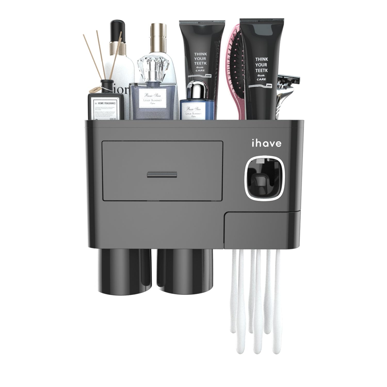 iHave Toothbrush Holder for Bathroom Storage, 2 Cups Toothbrush Holder Wall Mounted with Toothpaste Dispenser Bathroom Set, Large Capacity Tooth Brushing Holder Bathroom Organization and Storage