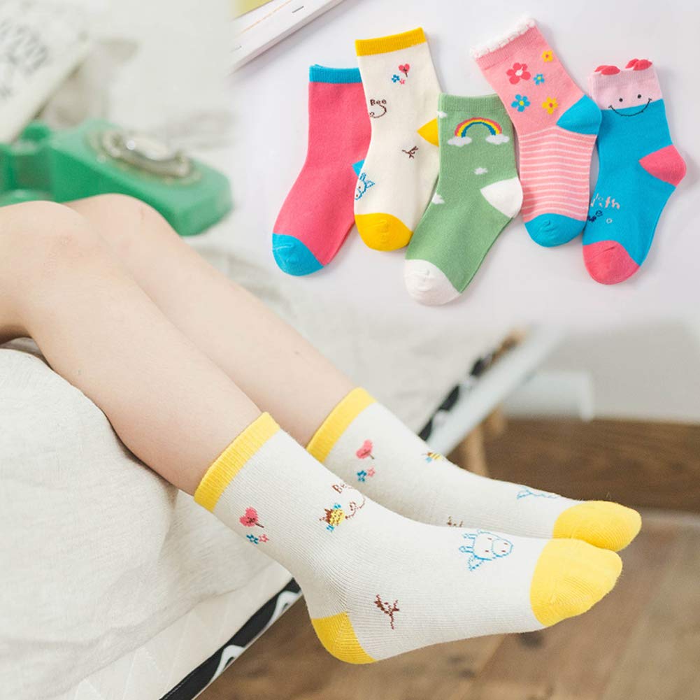 Zumou Toddler Kids Little Girls Cute Cotton Crew Socks 10 Pack (L (5-7T) / Little kids, Rainbow)